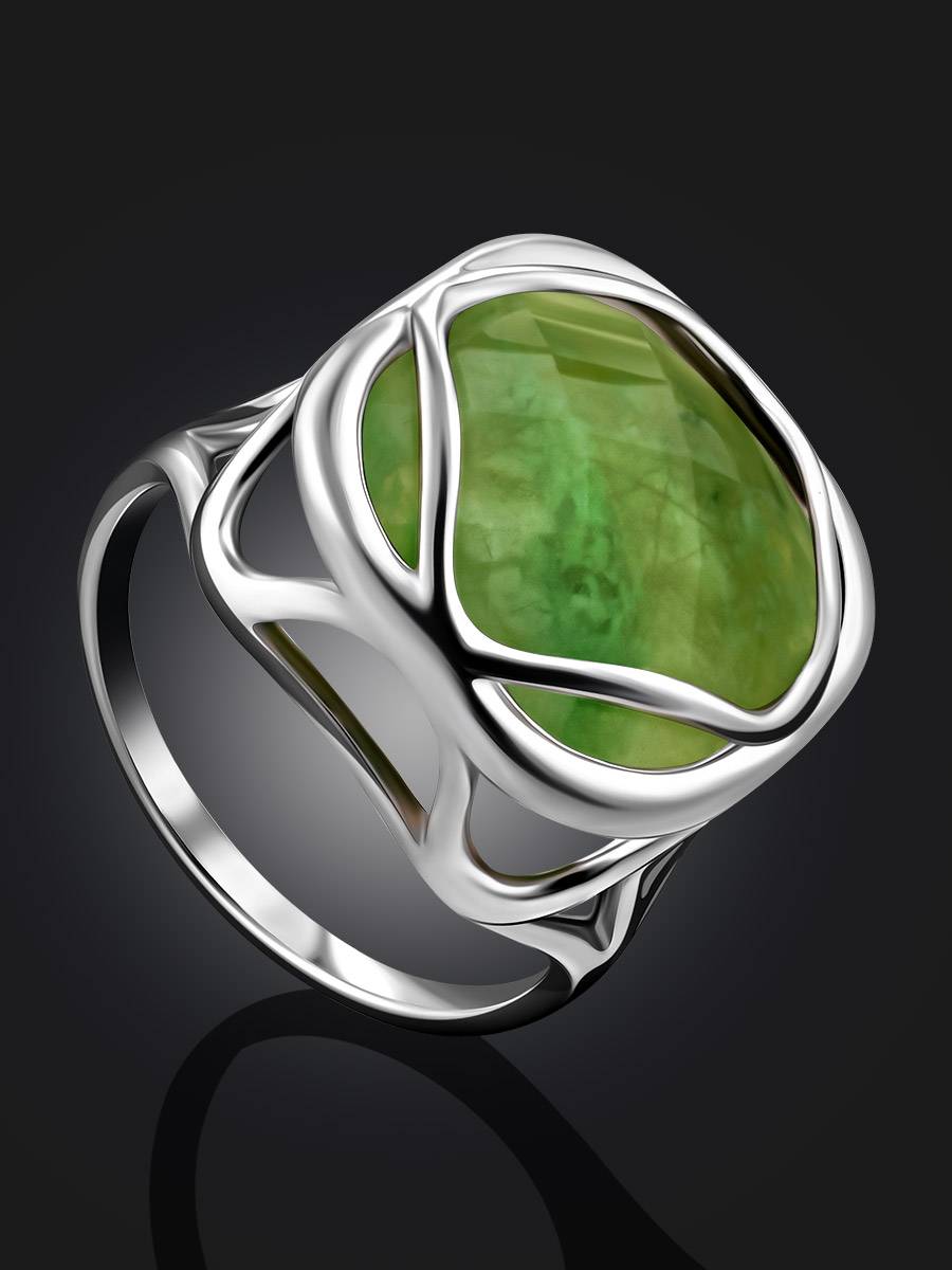 Voluminous Silver Ring With Green Vesuvianite Centerpiece