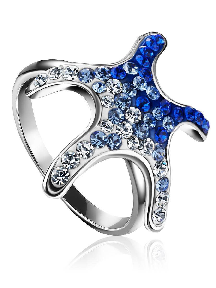 Silver Starfish Ring With Blue And White Crystals The Jungle