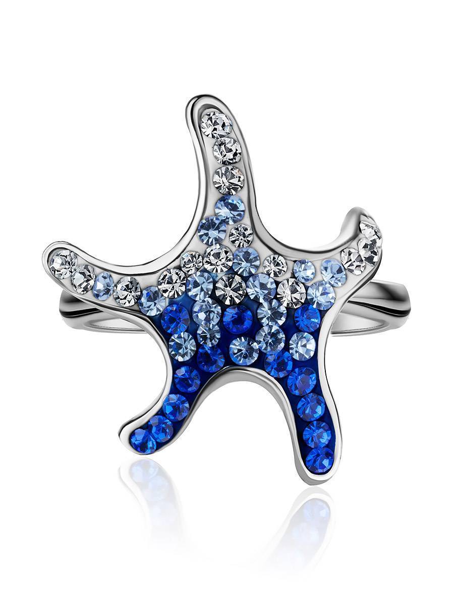 Silver Starfish Ring With Blue And White Crystals The Jungle