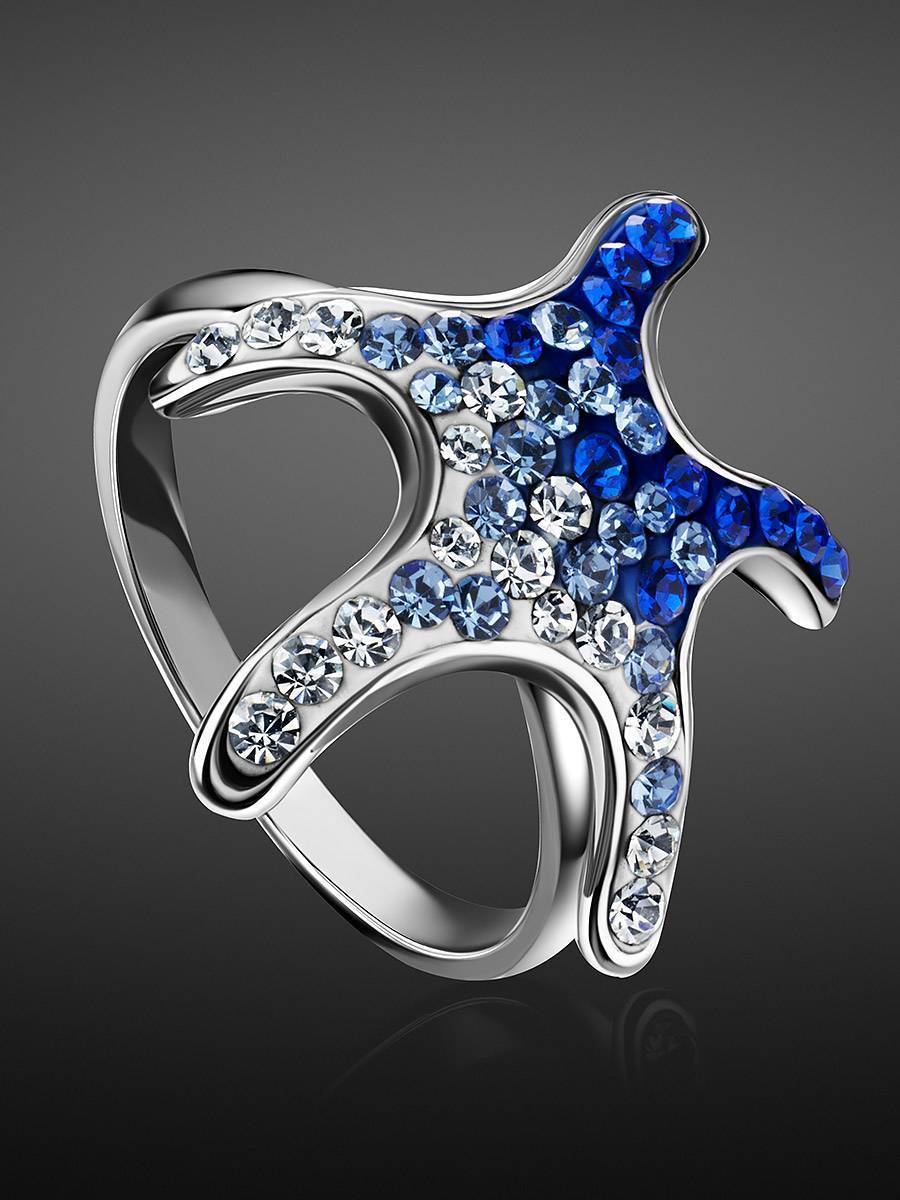 Silver Starfish Ring With Blue And White Crystals The Jungle